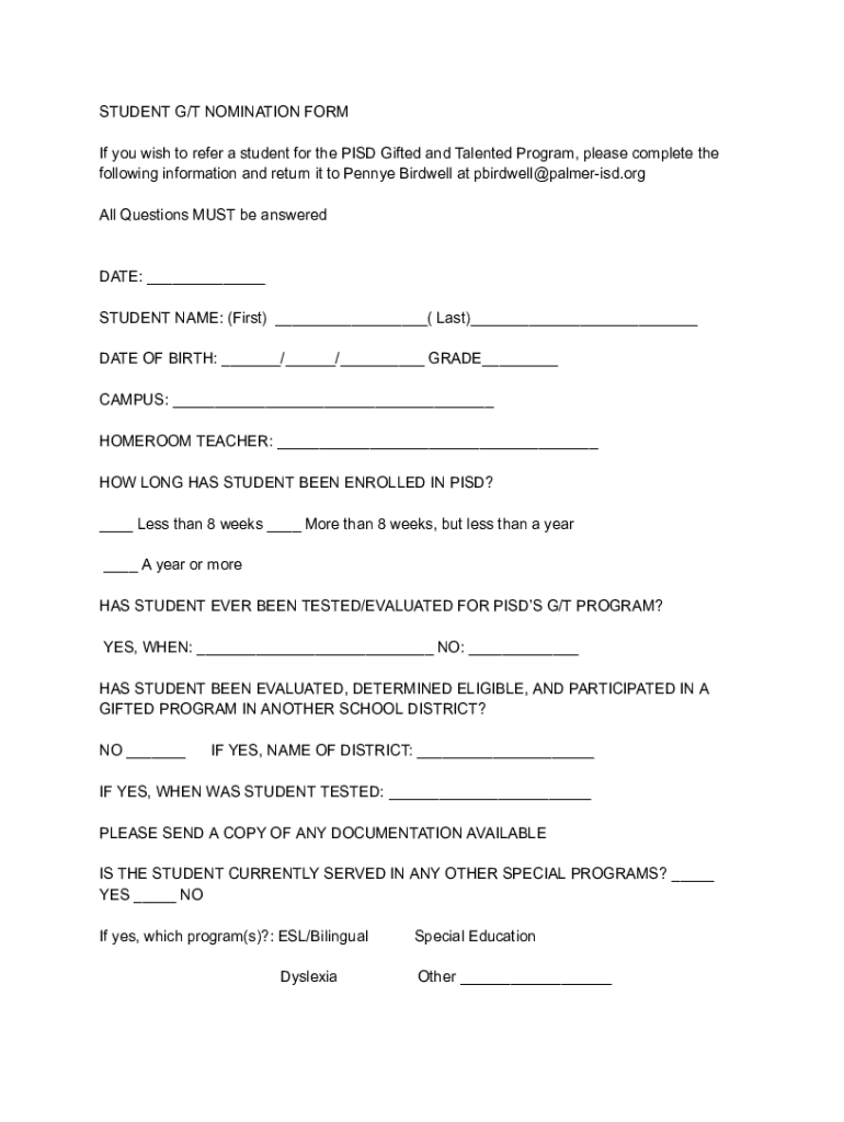 Fillable Online student g/t nomination form Fax Email Print - pdfFiller
