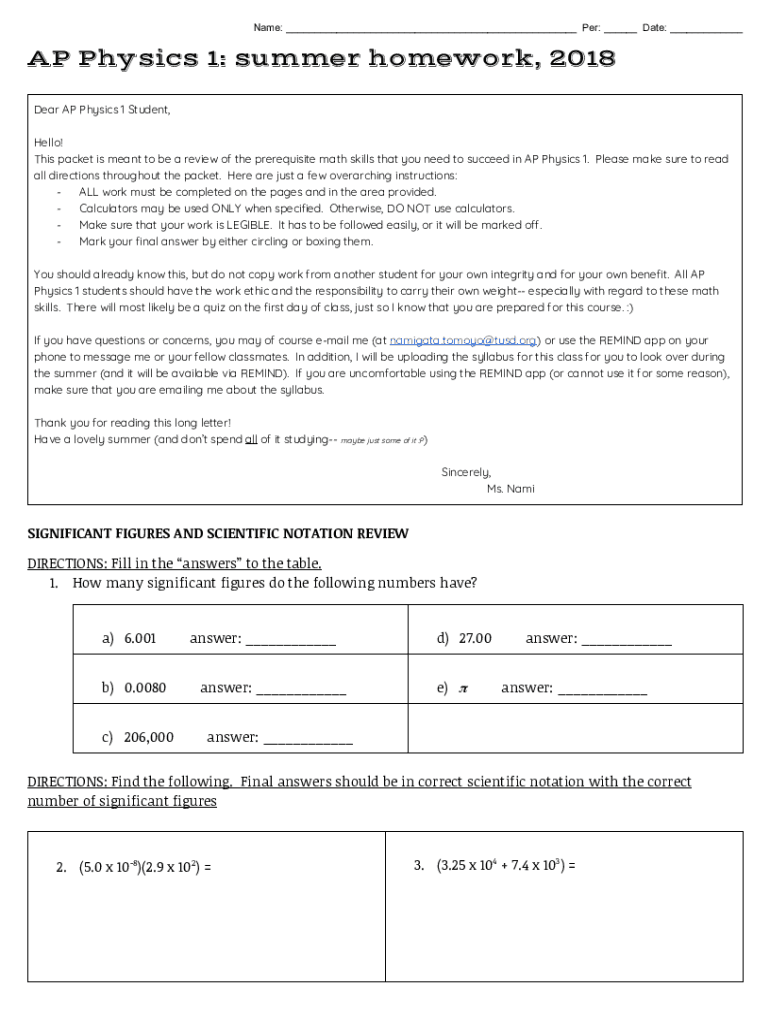 Fillable Online AP Physics1 Summer Work Packet All students taking ...