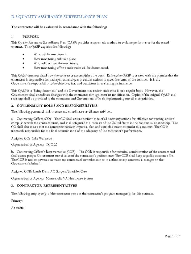 Fillable Online 3 QUALITY ASSURANCE SURVEILLANCE PLAN Fax Email Print ...