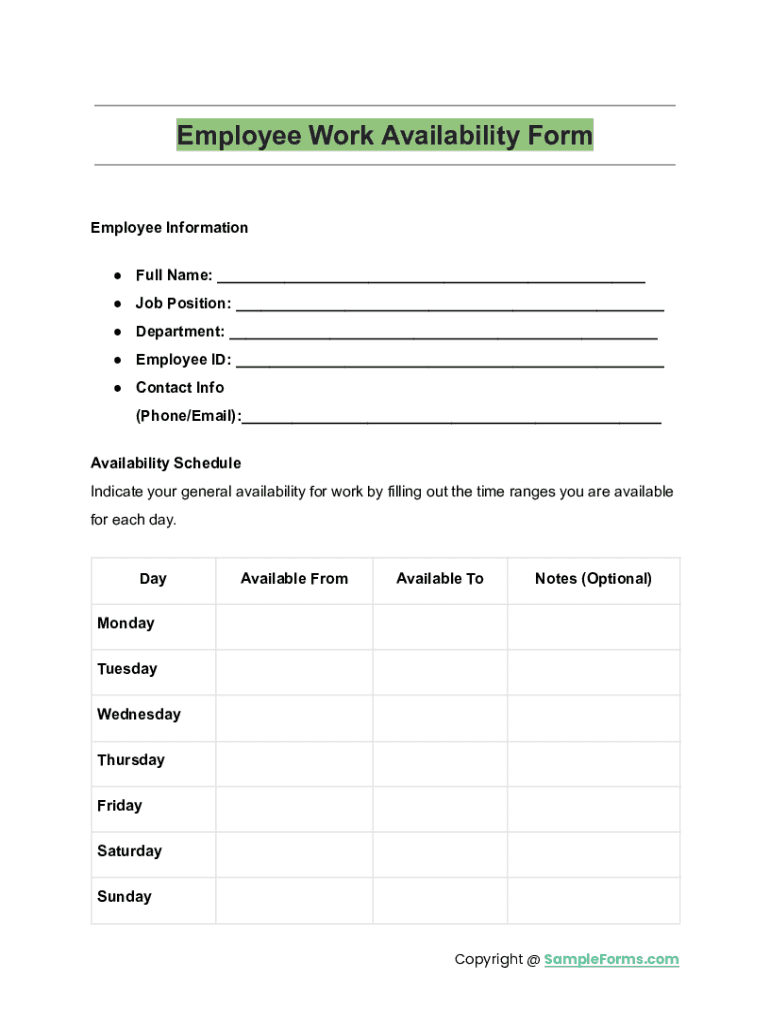 Fillable Online Employee Work Availability Form Fax Email Print - pdfFiller