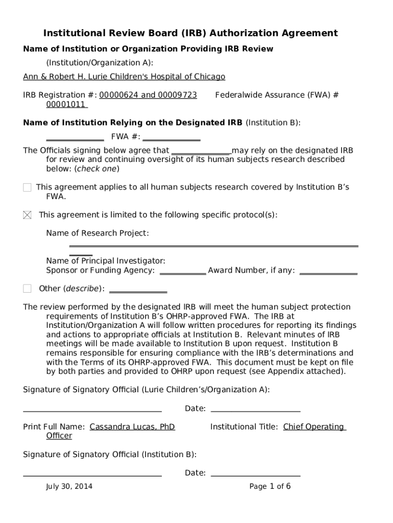 Lurie Children's and Northwestern Reliance Agreement Doc Template | pdfFiller