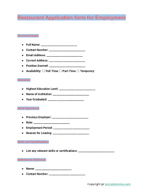 Fillable Online Restaurant Application form for Employment Fax Email ...