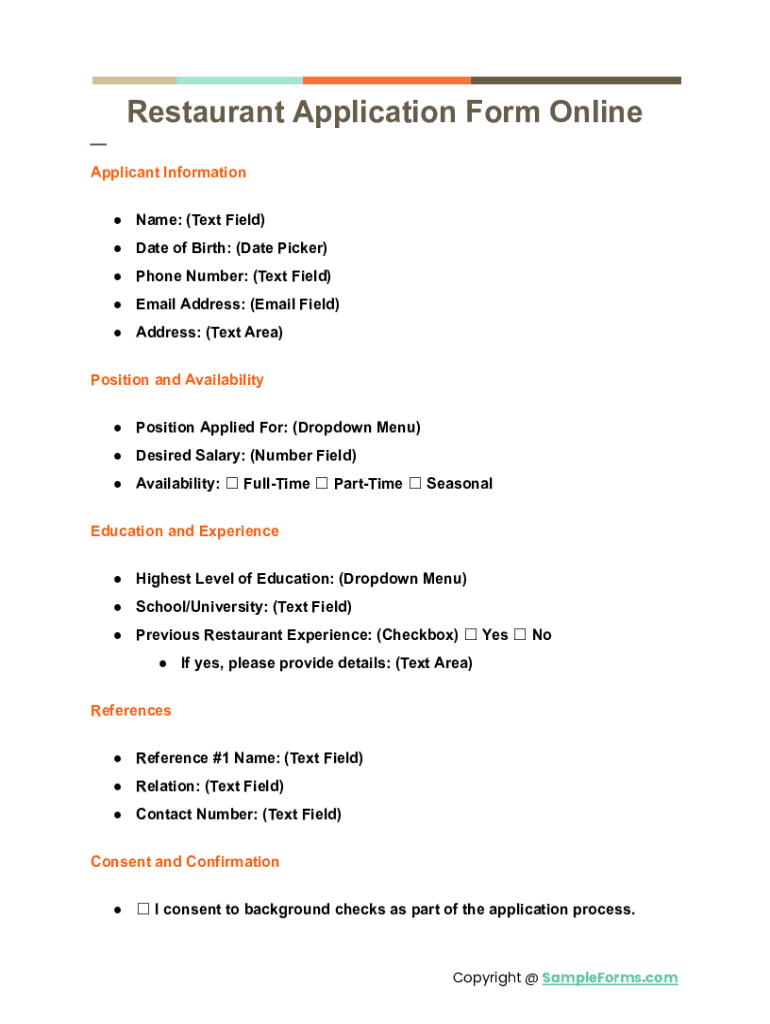 Fillable Online Restaurant Application Form Online Fax Email Print ...