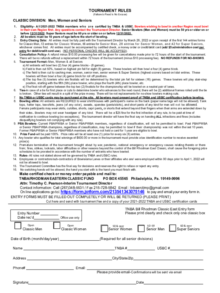 Fillable Online TNBA Bill Rhodman Memorial Eastern Division Bowling ...