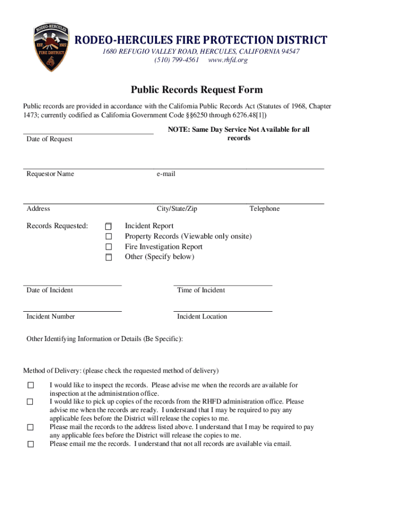 Fillable Online Public Records Request Policy of Rodeo-Hercules Fire ...