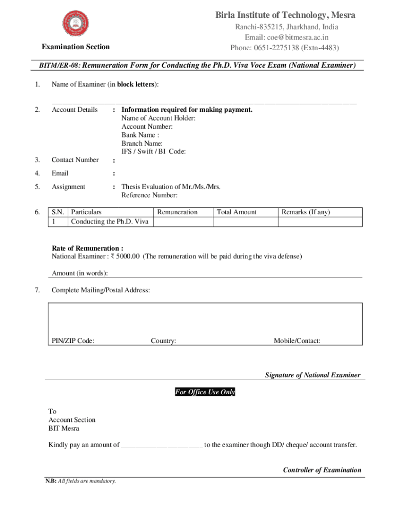 Fillable Online BITM/ER-08: Remuneration Form for Conducting the Ph Fax Email Print - pdfFiller