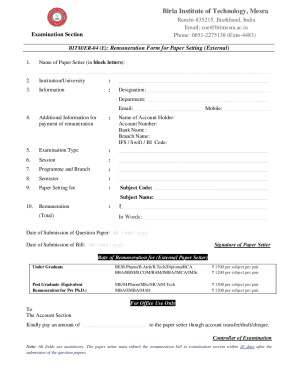 Fillable Online BITM/ER-04 (E): Remuneration Form for Paper Setting (External) Fax Email Print ...