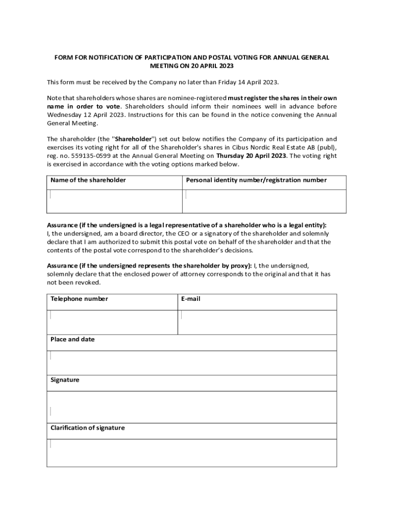 Fillable Online FORM FOR NOTIFICATION OF PARTICIPATION AND POSTAL VOTING FOR ANNUAL GENERAL Fax ...