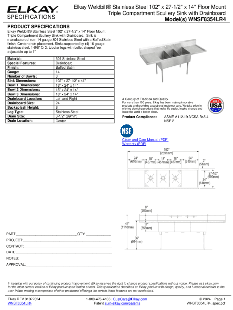 Fillable Online Elkay Sturdibilt Stainless Steel 102" x 27-1/2" x 14 ...