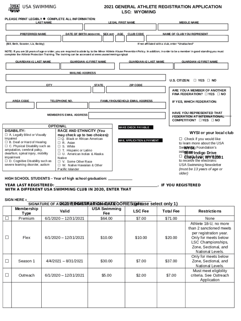 USA SWIMMING2021 GENERAL ATHLETE REGISTRATION APPLICATION Doc Template ...