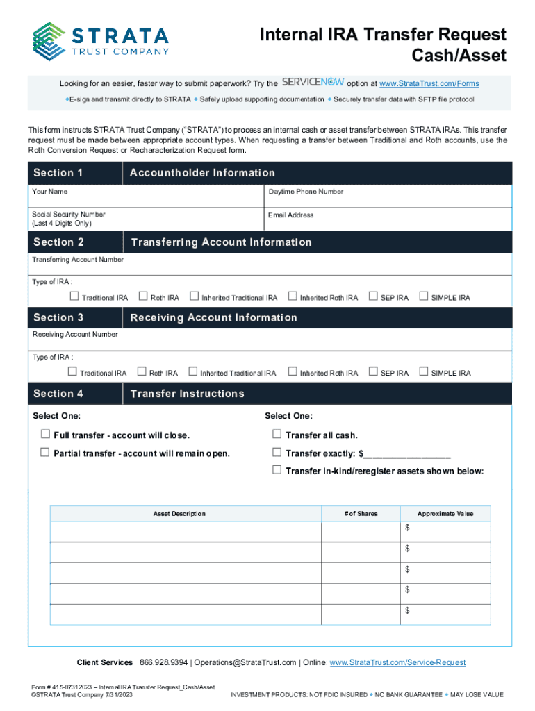 Fillable Online IRA Transfer RequestInternalCashAssetSTRATAHeader Fax ...