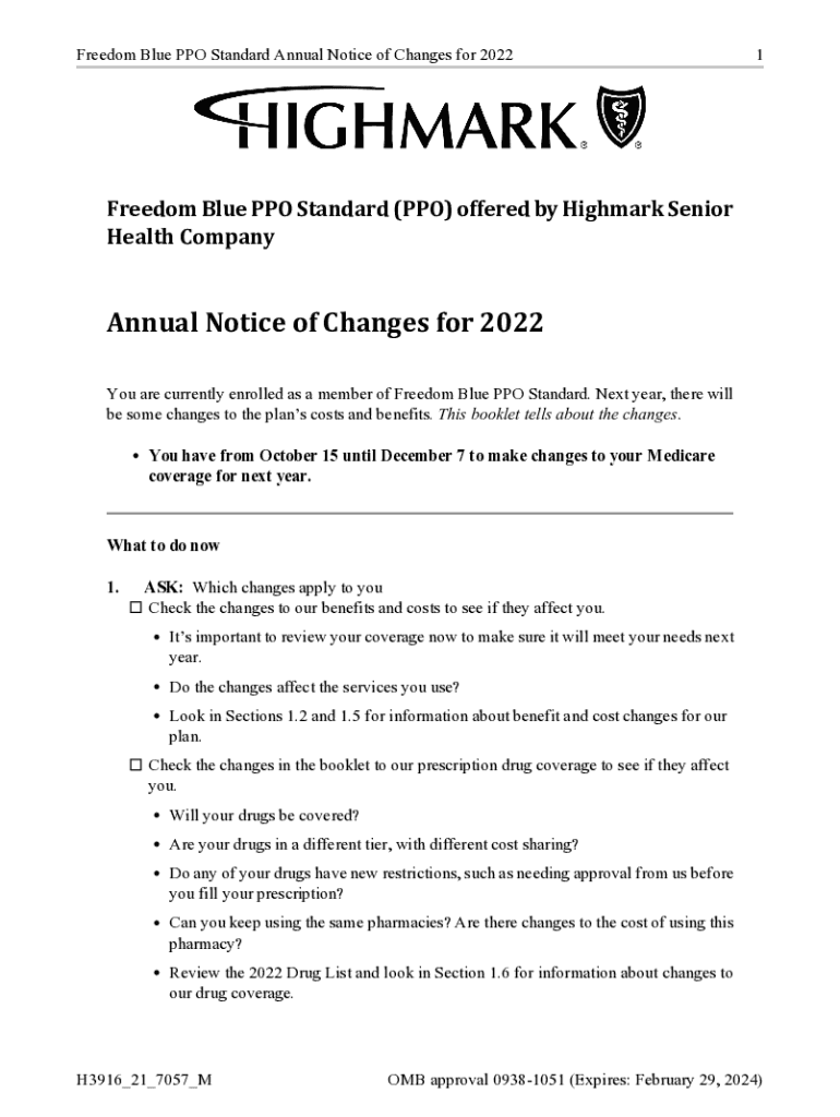 Fillable Online Annual Notice of Changes. Freedom Blue PPO Standard ...