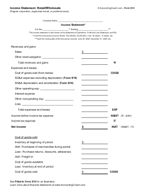 Fillable Online Income Statement: Retail/Whsle - Sole Proprietor ...