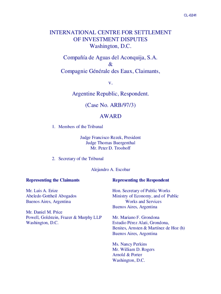Fillable Online icsid worldbank ICSID Case No. ARB/14/1 AWARD Fax Email ...