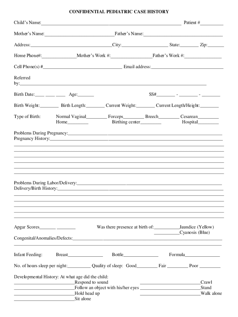 Fillable Online Kids' Village Therapy, LLC Pediatric Case History Form ...