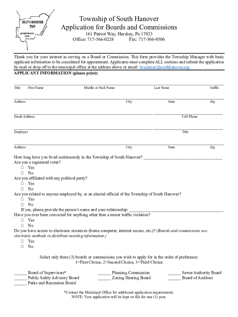 Fillable Online Township of South Hanover Application for Boards and ...