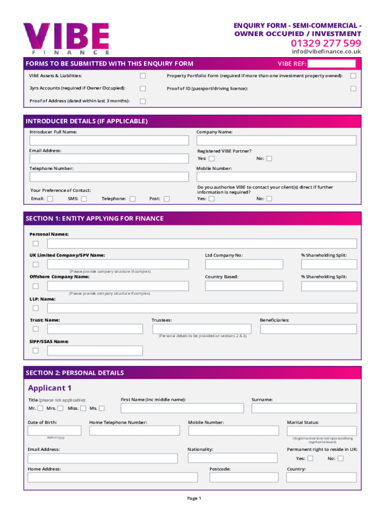 Fillable Online ENQUIRY FORM - SEMI-COMMERCIAL OWNER OCCUPIED ...