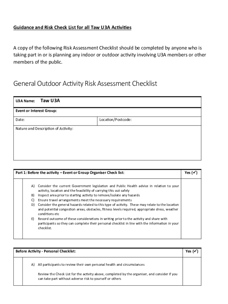 Fillable Online Evesham and District u3a General Activity Risk ...