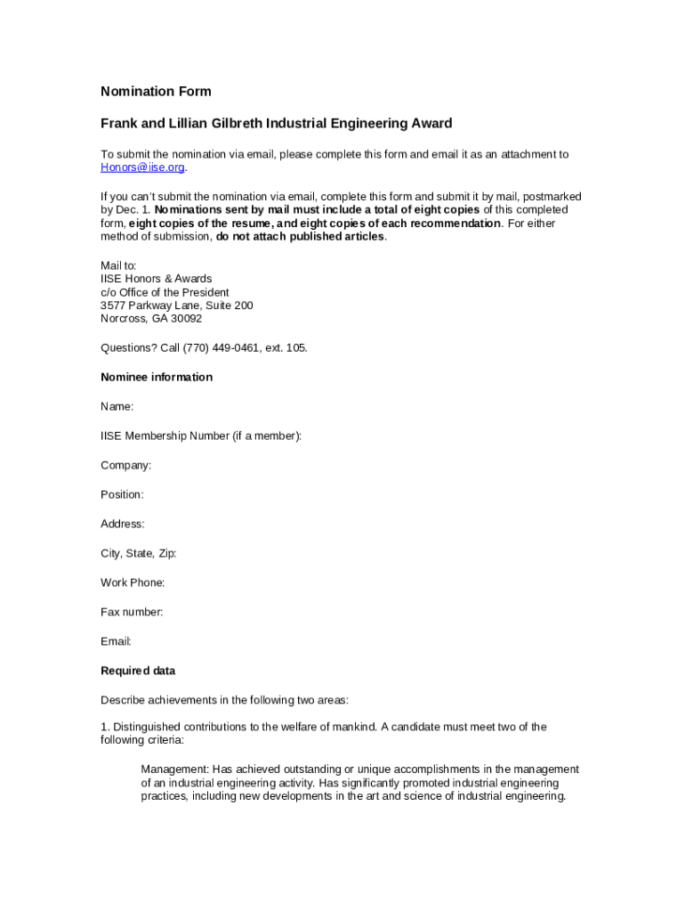 Frank and Lillian Gilbreth Industrial Engineering Award - IISE Doc ...