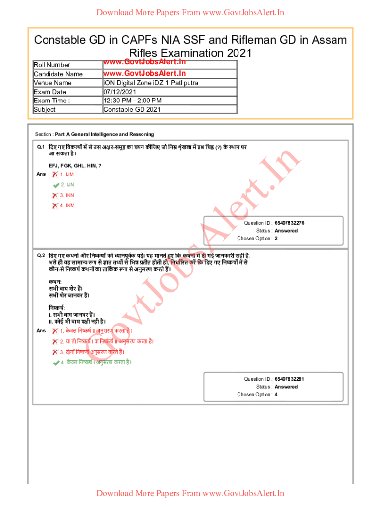 Fillable Online SSC GD Paper 2021 In English Set 18 - Q. Ans 1. 2. 3. 4 ...