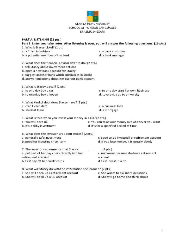 Fillable Online LISTENING PART A. Listen and choose the correct ... Fax ...