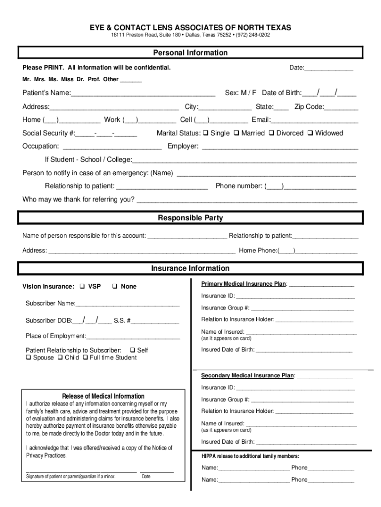 Fillable Online Eye & Contact Lens Associates of North Texas: Optometry ...