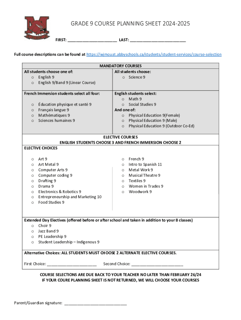 Fillable Online GRADE 9 COURSE PLANNING SHEET 2020-2021 Name Fax Email ...