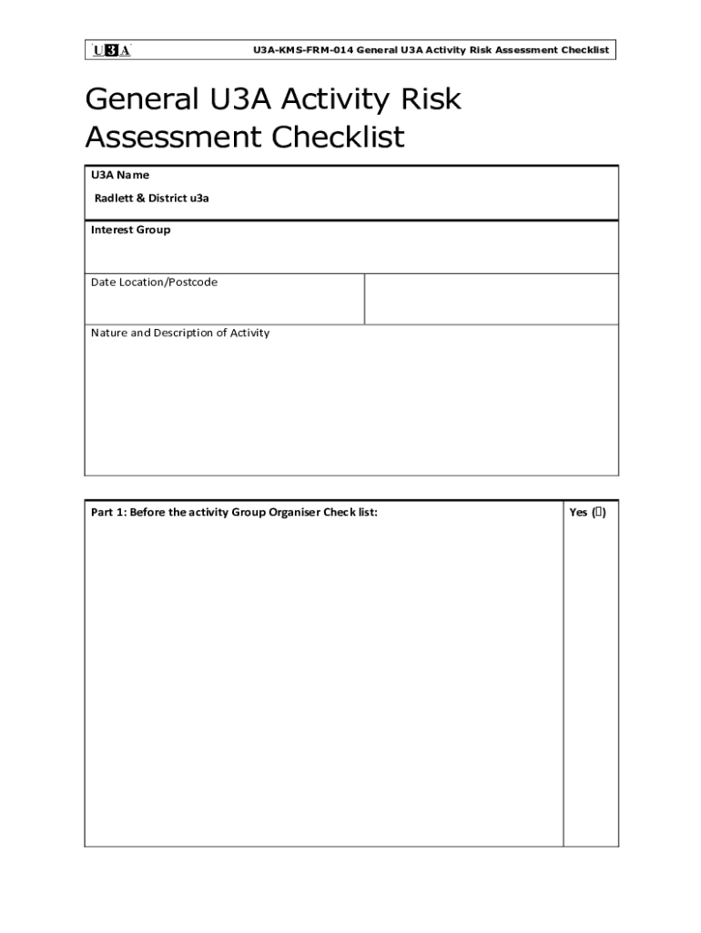 Fillable Online U3A-General-Activity-Risk-Assessment-Checklist-in-Covid ...