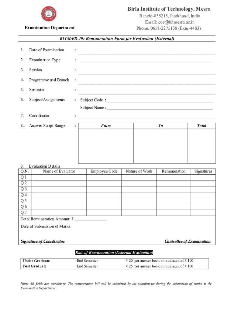 Fillable Online BITM/ED-19: Remuneration Form for Evaluation (External ...