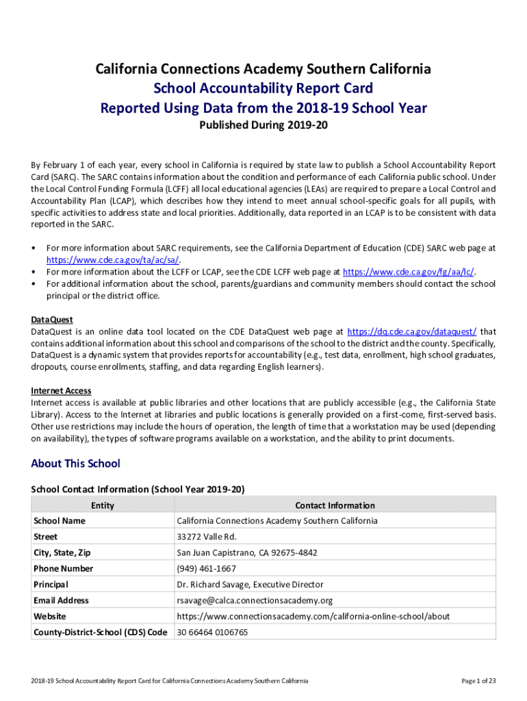 Fillable Online 2019 School Accountability Report Card - California ...