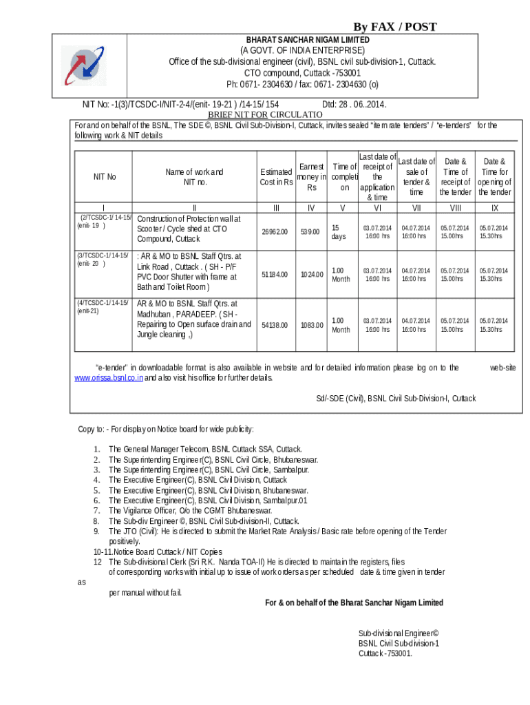 NIT No: -1(3)/TCSDC-I/NIT-2-4/(enit- 19-21 ) /14-15/ 154Dtd: 28 Doc Template | pdfFiller