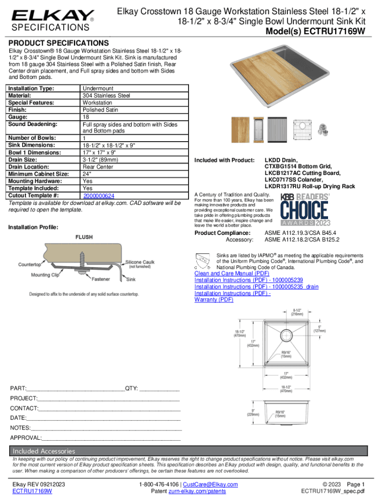 Fillable Online Elkay Crosstown 18 Gauge Workstation Stainless Steel ...