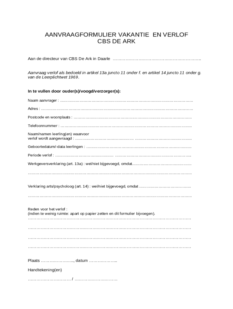 Verlof en verzuim - CBS De Ark Doc Template | pdfFiller