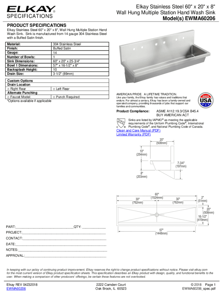 Fillable Online Elkay Stainless Steel 60" x 20" x 8" Wall Hung Multiple Station Hand ... Fax ...