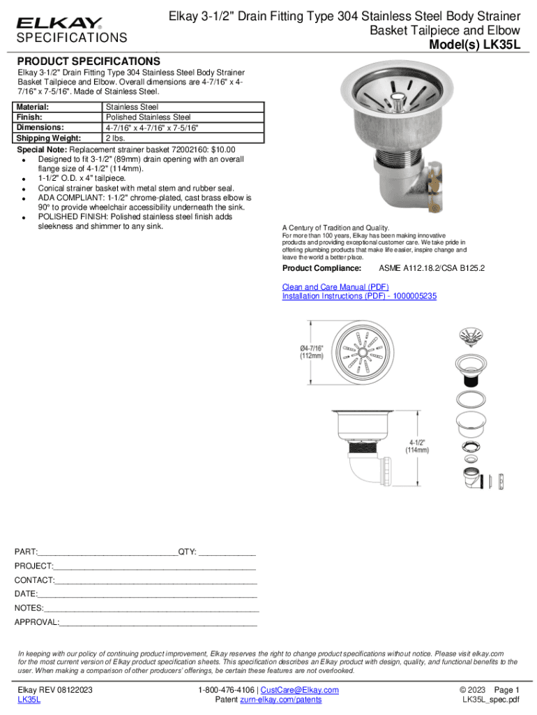 Fillable Online Elkay 3-1/2" Drain Fitting Type 304 Stainless Steel ...