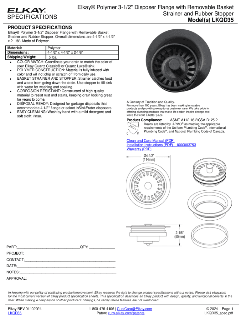 Fillable Online SPECIFICATIONS Elkay Polymer 3-1/2" Disposer Flange ...