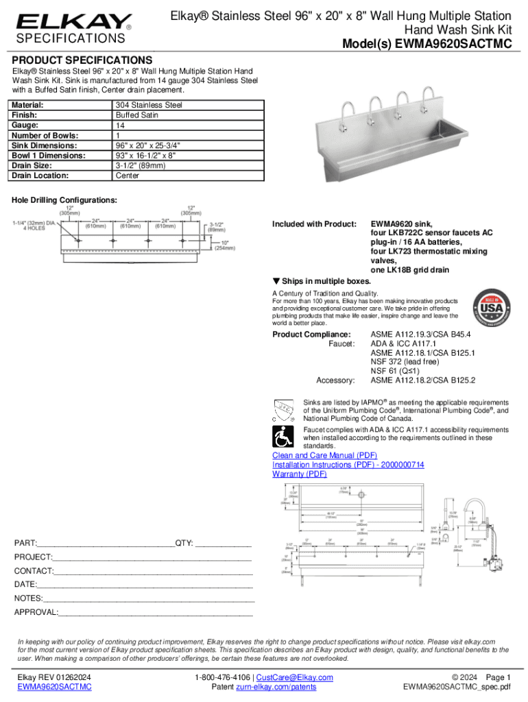Fillable Online Elkay Stainless Steel 96" x 20" x 8" Wall Hung Multiple ...