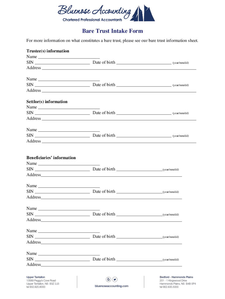 Fillable Online Bare Trust Intake Form Fax Email Print - pdfFiller