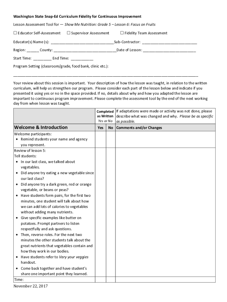 Fillable Online Lesson Assessment Tool for Show Me Nutrition: Grade 5 Lesson 6: Focus on Fruits ...