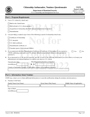 Fillable Online G-1580, G-1580, Citizen Ambassador Nominee Questionair ...