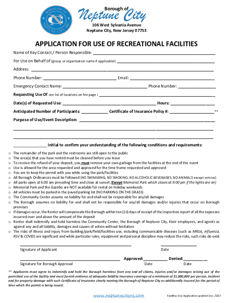 Fillable Online Application for Use of Recreational Facilities Fax ...