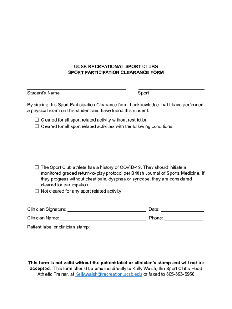 Fillable Online Sports Participation Clearance Form Fax Email Print ...
