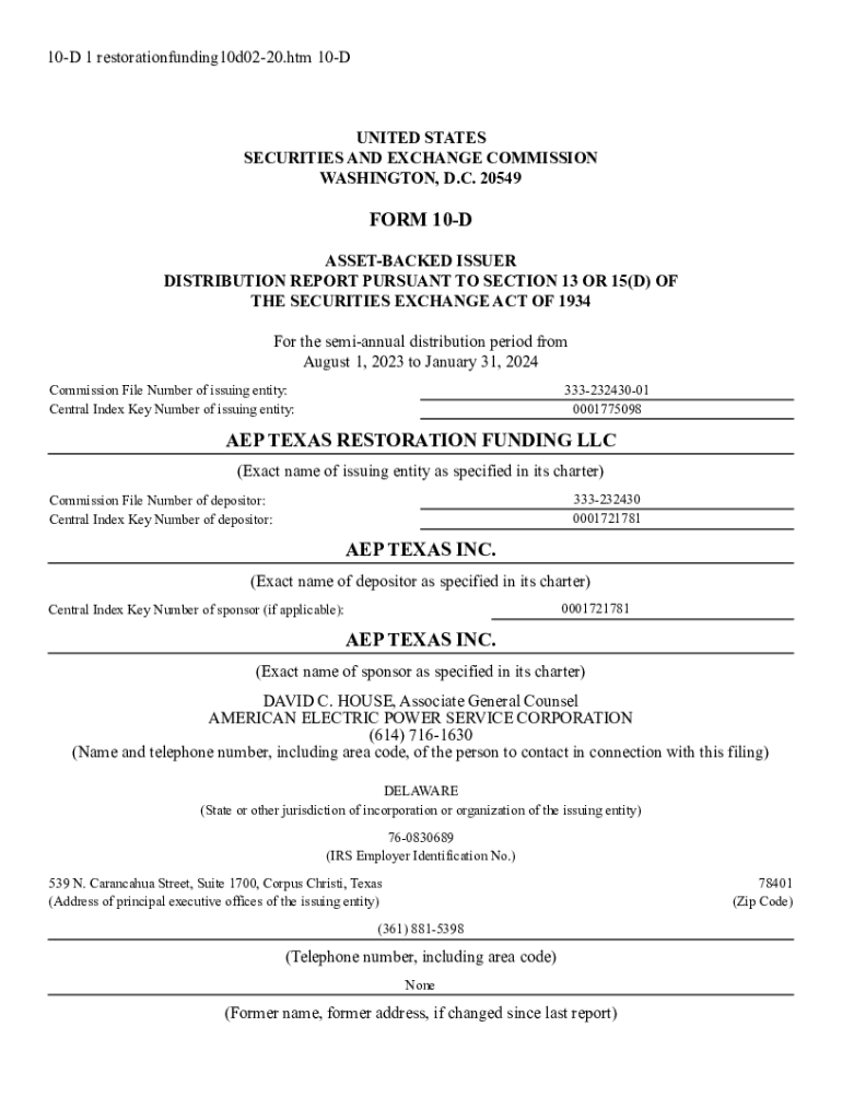 Fillable Online FORM 10-D AEP TEXAS RESTORATION FUNDING LLC AEP ... Fax ...