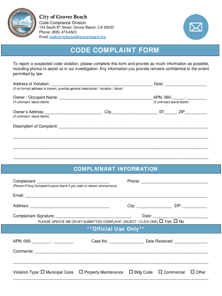 Fillable Online Code Complaint Form - Grover Beach, CA Fax Email Print ...