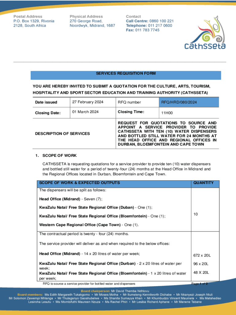 Fillable Online cathsseta org SERVICES REQUISITION FORM YOU ARE HEREBY ...