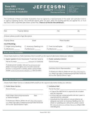 Fillable Online Form 1001: Certificate of Water and Sewer Availability ...