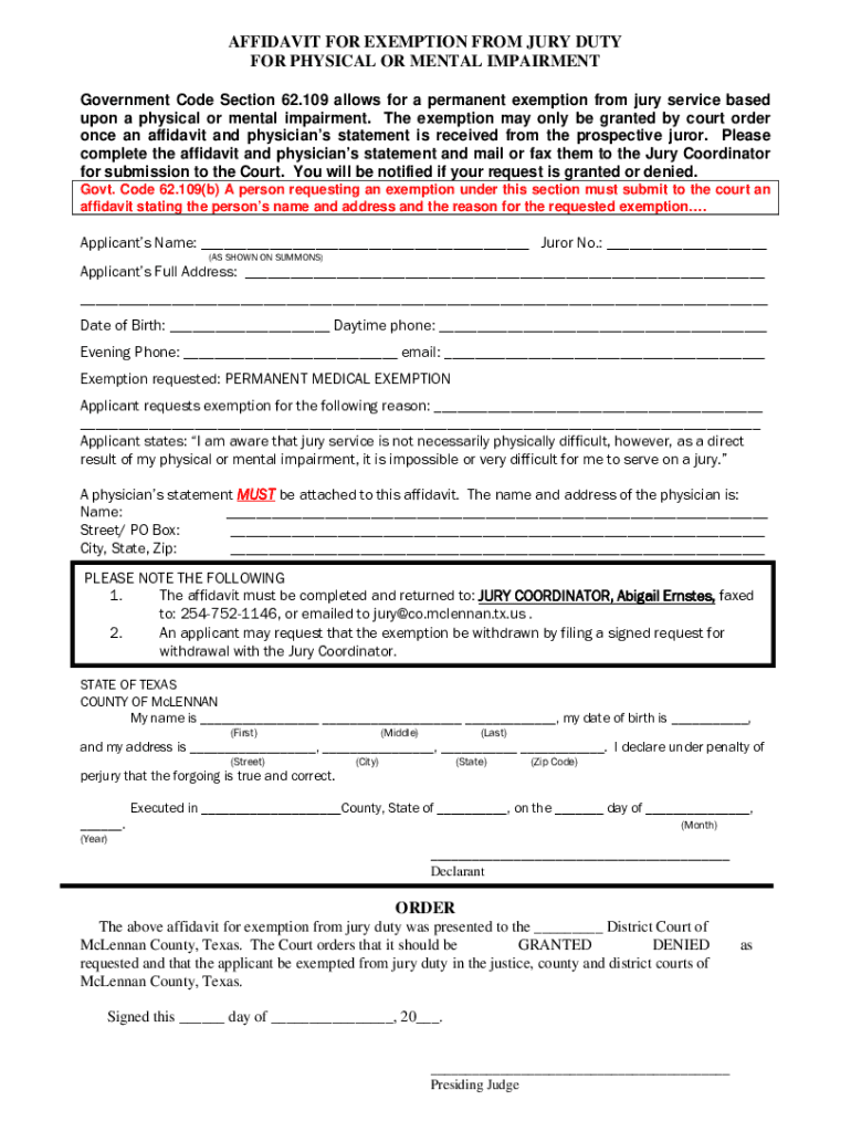 Fillable Online affidavit for permanent exemption from jury service for ...