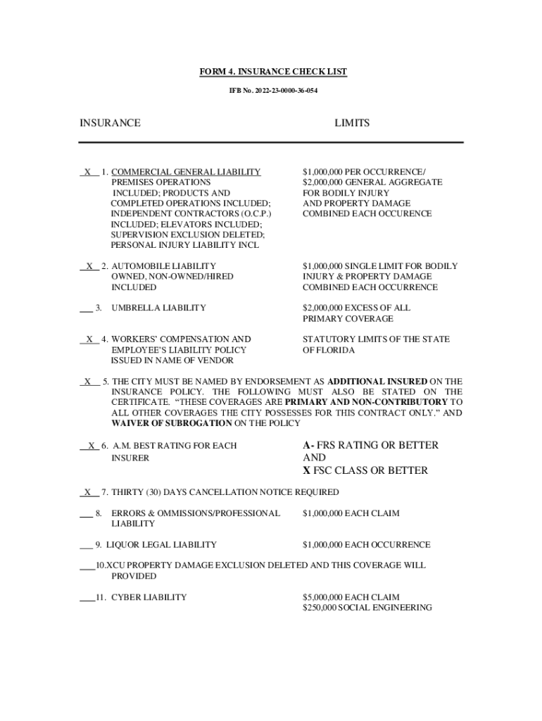 Fillable Online INSURANCE LIMITS A- FRS RATING OR BETTER AND X FSC ...