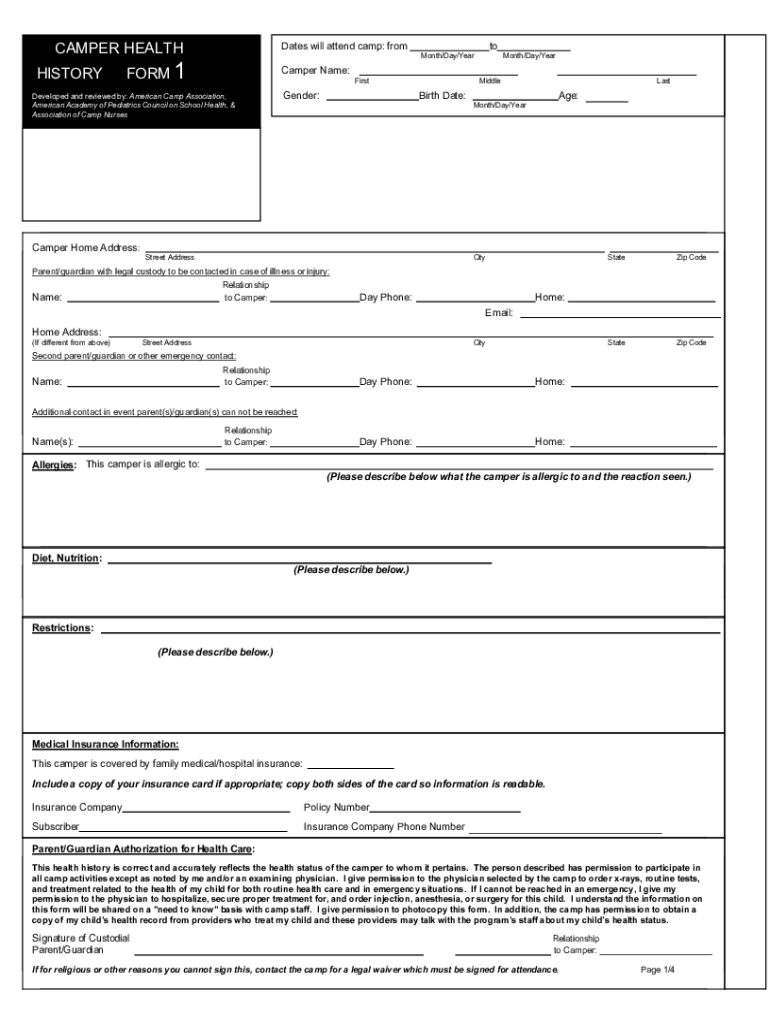 Fillable Online dpr dc (for camp use) Camper Name Fax Email Print ...