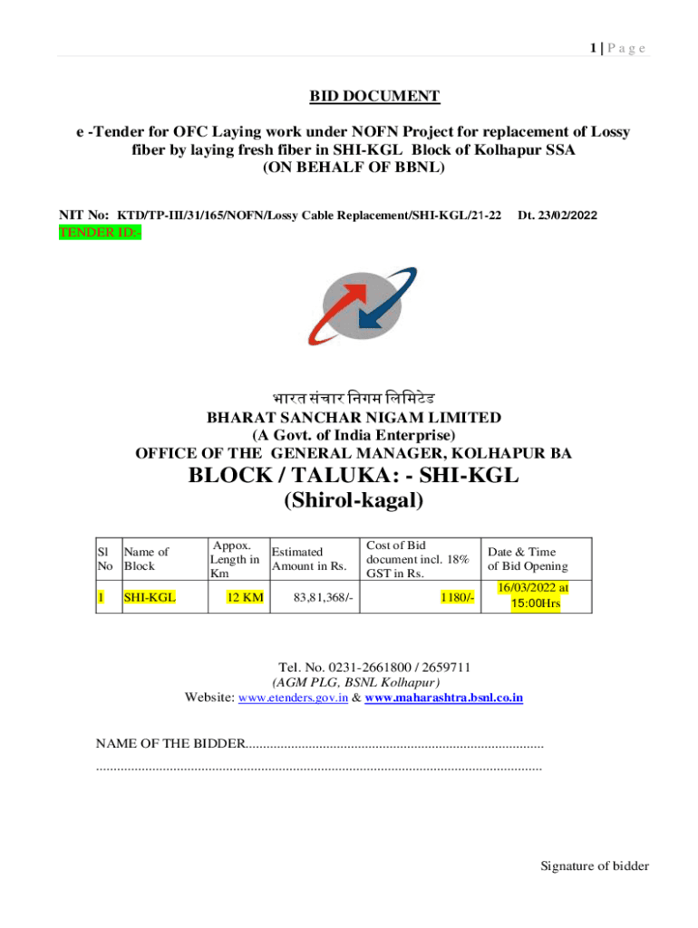 Fillable Online e-Tender for OFC Laying work for replacement of Lossy ...